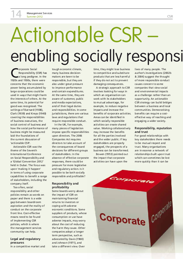 (PDF) Actionable CSR – enabling socially responsible behaviour