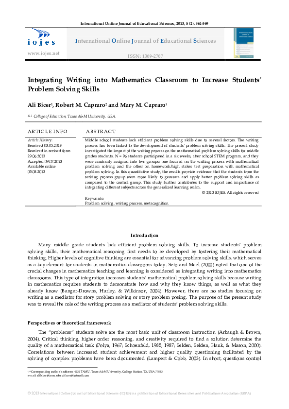 (PDF) Bicer, A., Capraro, R. M., & Capraro, M. M. (2013). Integrating writing into mathematics ...