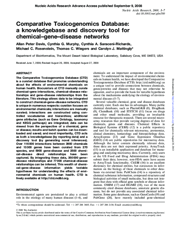 (PDF) Comparative Toxicogenomics Database: a knowledgebase and discovery tool for chemical-gene ...