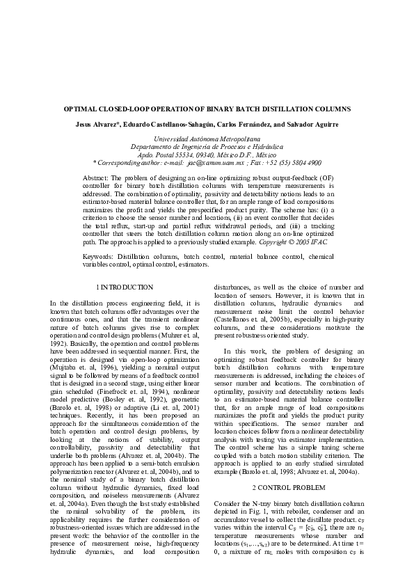 (PDF) OPTIMAL CLOSED-LOOP OPERATION OF BINARY BATCH DISTILLATION COLUMNS