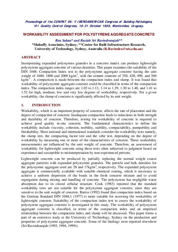 (PDF) Workability assessment for polystyrene aggregate concrete