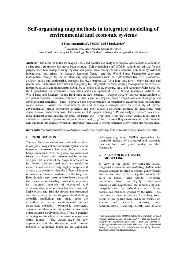 (PDF) Self-organising map methods in integrated modelling of environmental and economic systems