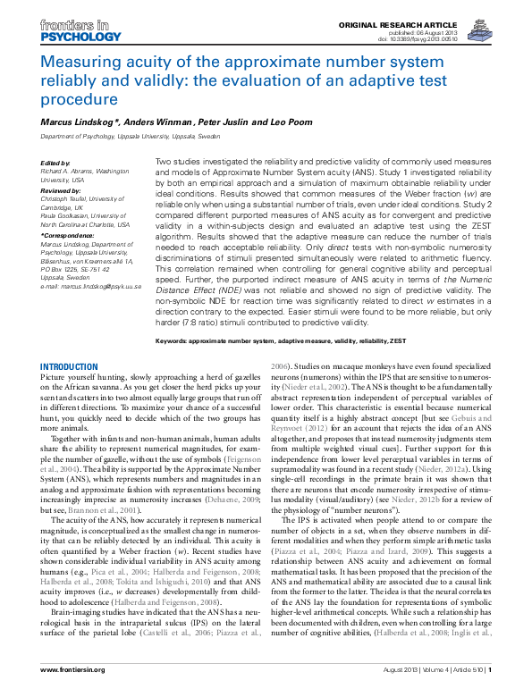 Pdf Measuring Acuity Of The Approximate Number System Reliably And