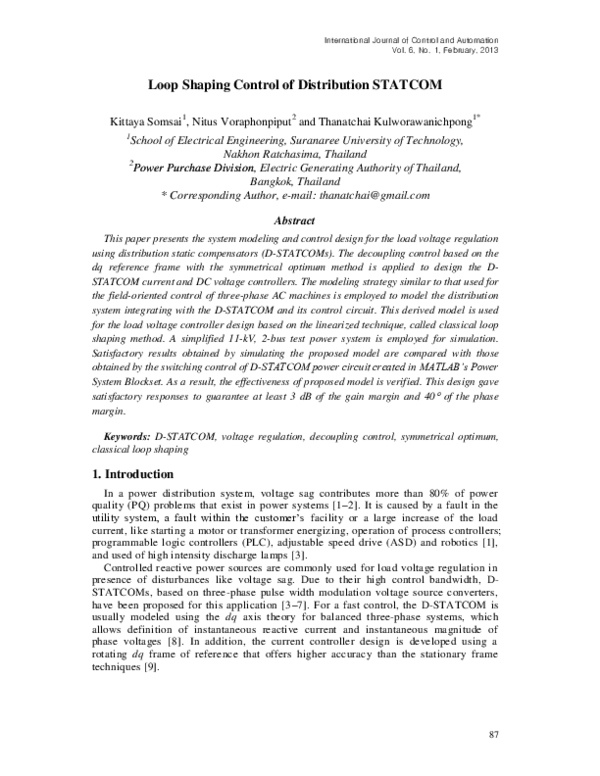 Pdf Loop Shaping Control Of Distribution Statcom
