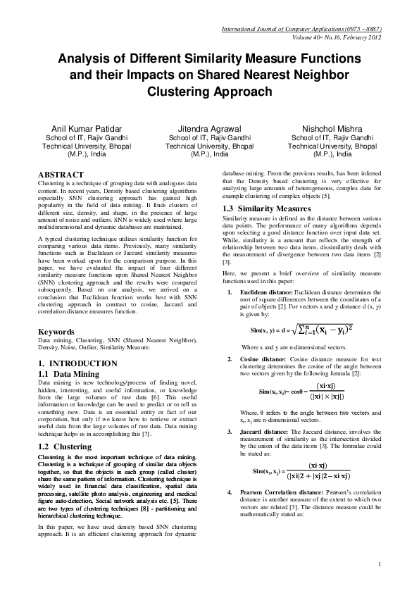 Pdf Analysis Of Different Similarity Measure Functions And T Heir Impact S On Shared Nearest