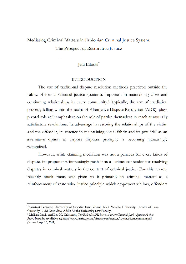 (PDF) Mediating Criminal Matters in Ethiopian Criminal Justice System: The Prospect of ...