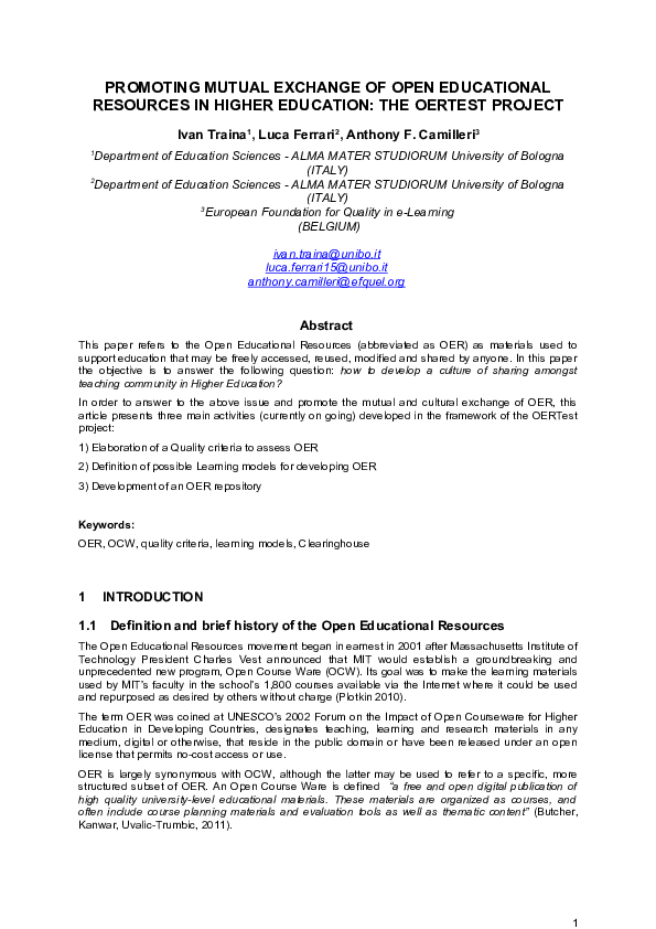 (DOC) The OERTest project: creating conditions for effective exchange ...