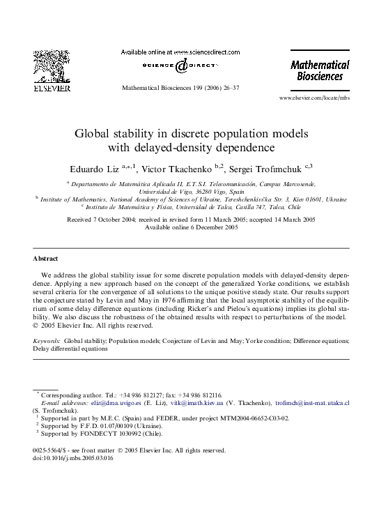 (PDF) Global stability in discrete population models with delayed ...