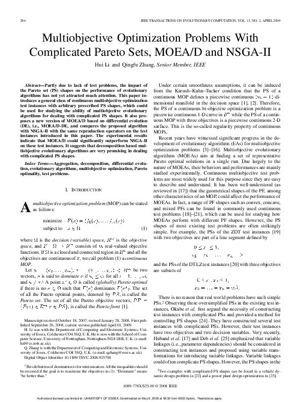 (PDF) Multiobjective Optimization Problems With Complicated Pareto Sets, MOEA/D and NSGA-II