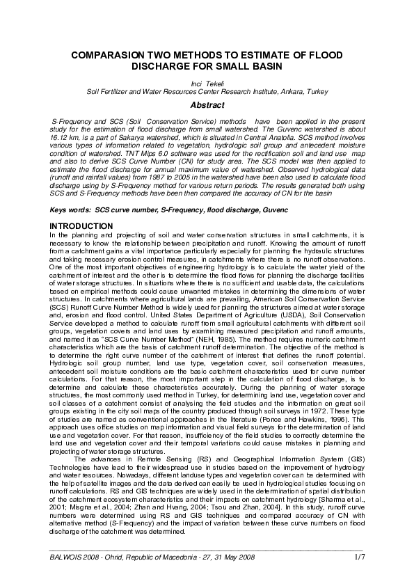 (PDF) COMPARASION TWO METHODS TO ESTIMATE OF FLOOD DISCHARGE FOR SMALL BASIN