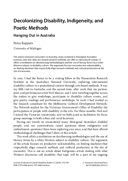 (PDF) Decolonizing Disability: Hanging out in Australia. Journal for ...