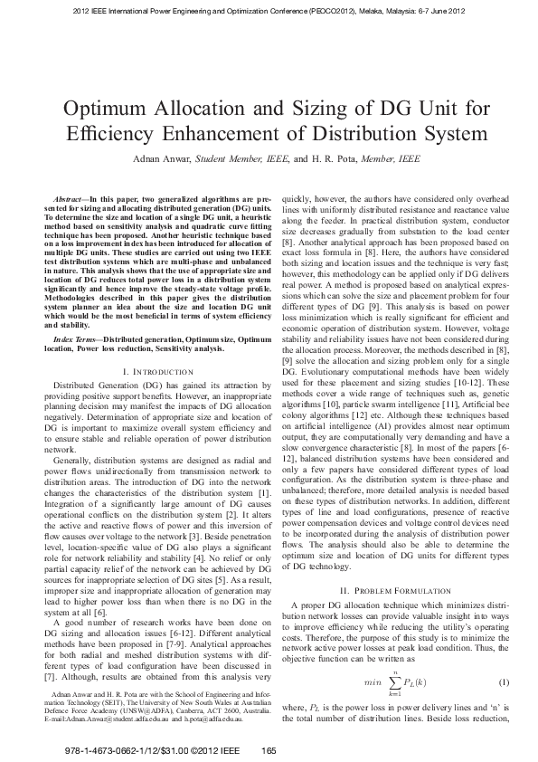 Pdf Optimum Allocation And Sizing Of Dg Unit For Efﬁciency Enhancement Of Distribution System