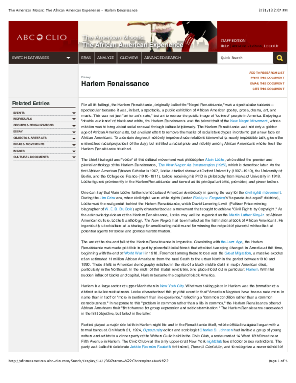 “Harlem Renaissance.” The African American Experience: The American ...