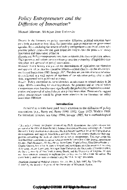 (PDF) Policy Entrepreneurs and the Diffusion of Innovation