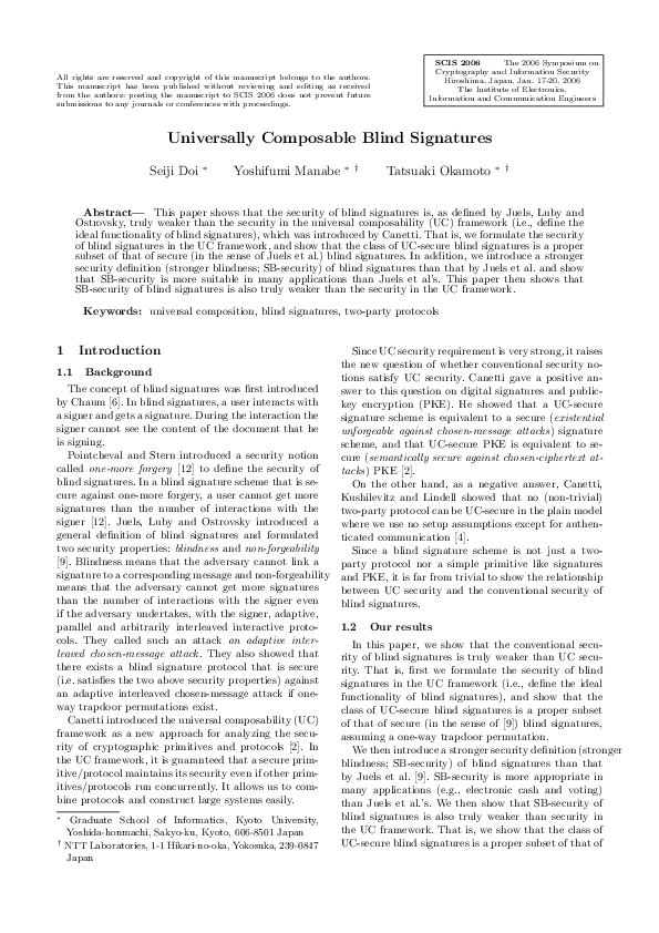 (PDF) Universally Composable Blind Signatures