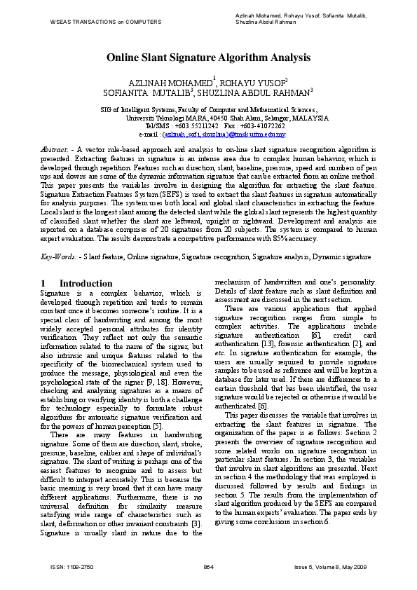 (PDF) Slant Signature Recognition Algorithm Analysis