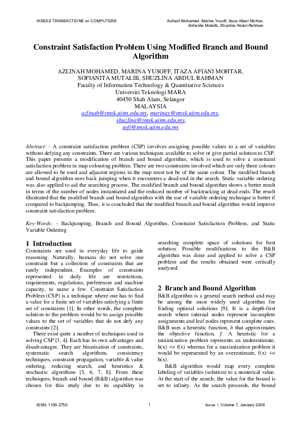 (PDF) Constraint Satisfaction Problem Using Modified Branch and Bound ...