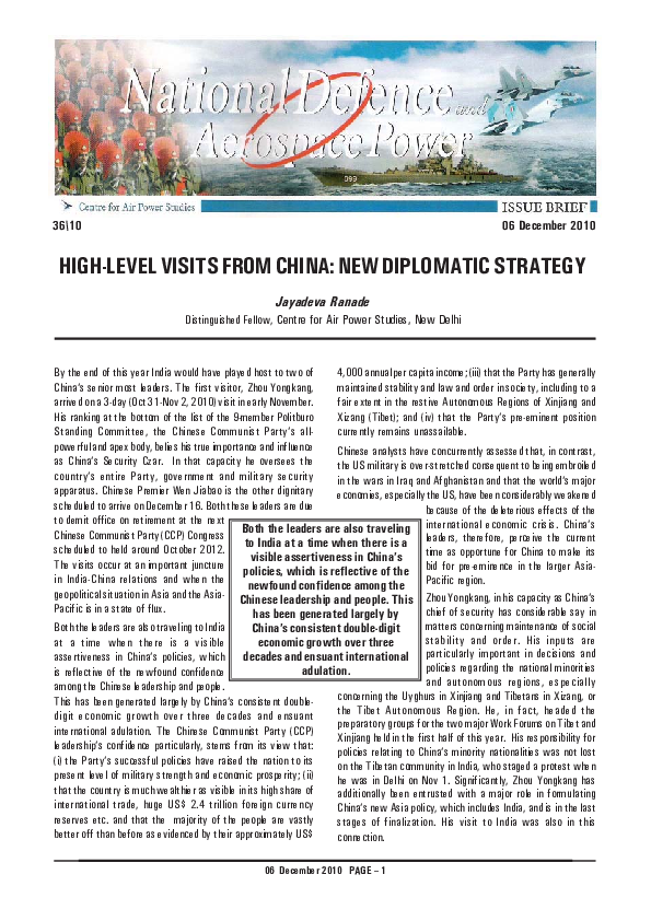 (PDF) High Level Visits from China: New Diplomatic Strategy