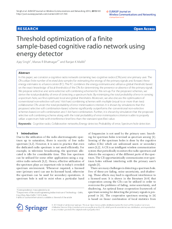 Pdf Threshold Optimization Of A Finite Sample Based Cognitive Radio Network Using Energy Detector