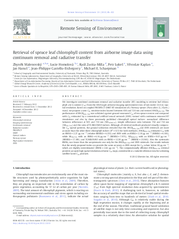 Pdf Retrieval Of Spruce Leaf Chlorophyll Content From Airborne Image Data Using Using