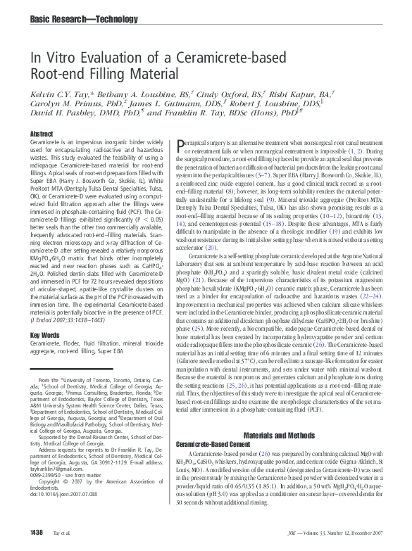 (PDF) In Vitro Evaluation of a Ceramicrete-based Root-end Filling Material