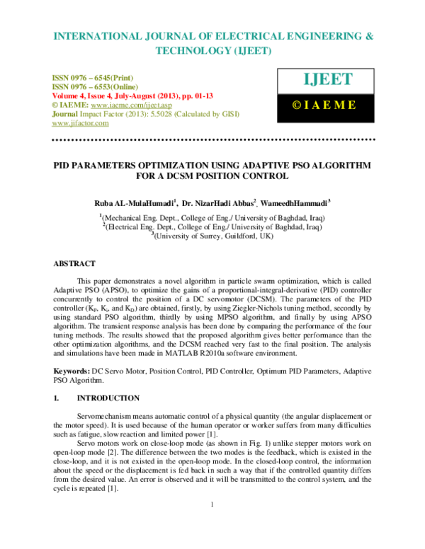 Pdf Pid Parameters Optimization Using Adaptive Pso Algorithm For A Dcsm Position Control