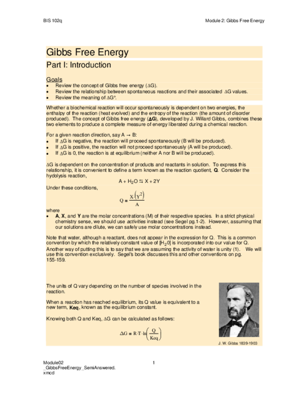 (PDF) BIS 102q Module 2: Gibbs Free Energy