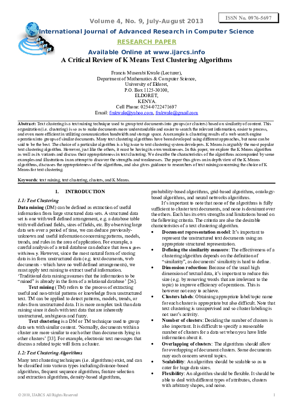 Doc A Critical Review Of K Means Text Clustering Algorithms