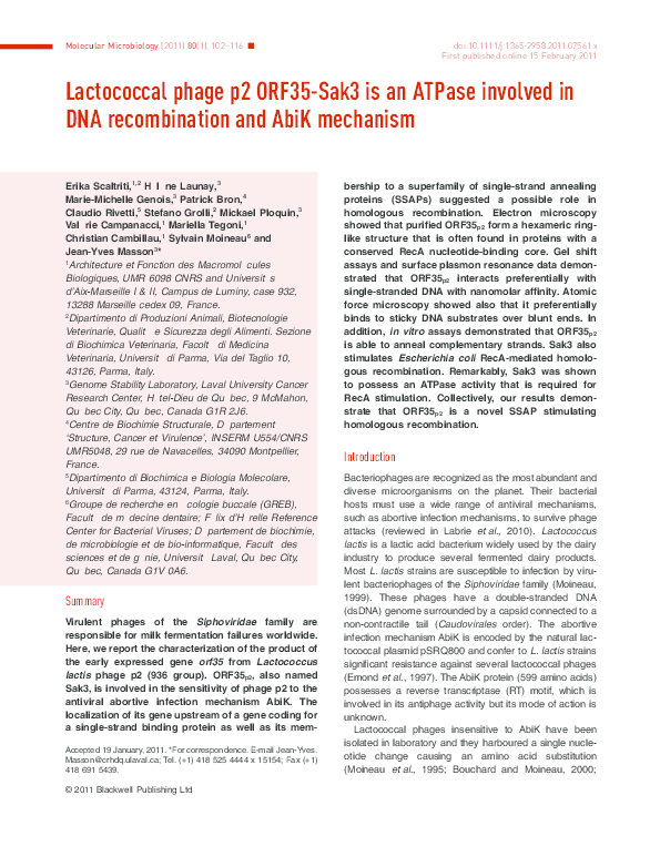 Lactococcal phage p2 ORF35-Sak3 is an ATPase involved in DNA ...