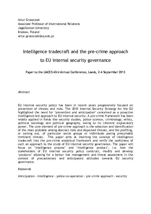 (PDF) Intelligence tradecraft and the pre-crime approach to EU internal ...
