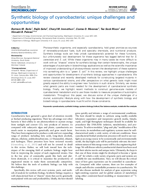 (PDF) Synthetic Biology of Cyanobacteria: Unique Challenges and Opportunities