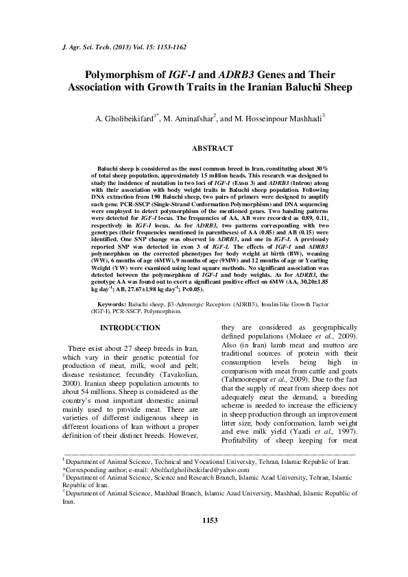 (PDF) Polymorphism of IGF-I and ADRB3 Genes and Their Association with ...