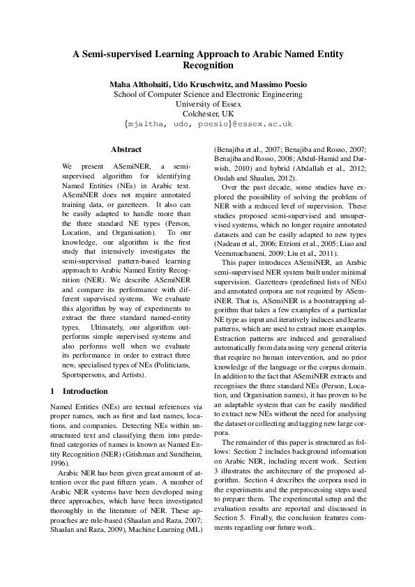 (PDF) A Semi-supervised Learning Approach to Arabic Named Entity Recognition