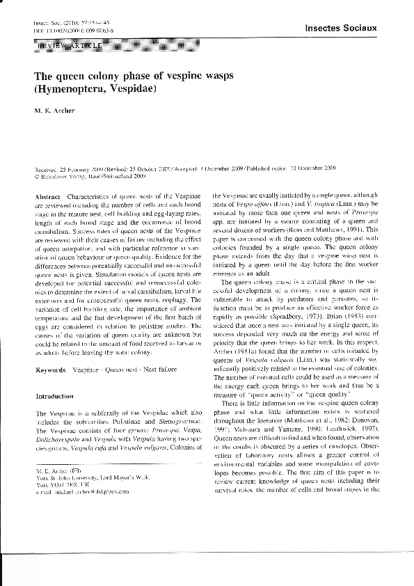 (PDF) The queen colony phase of vespine wasps (Hymenoptera, Vespidae) 2010