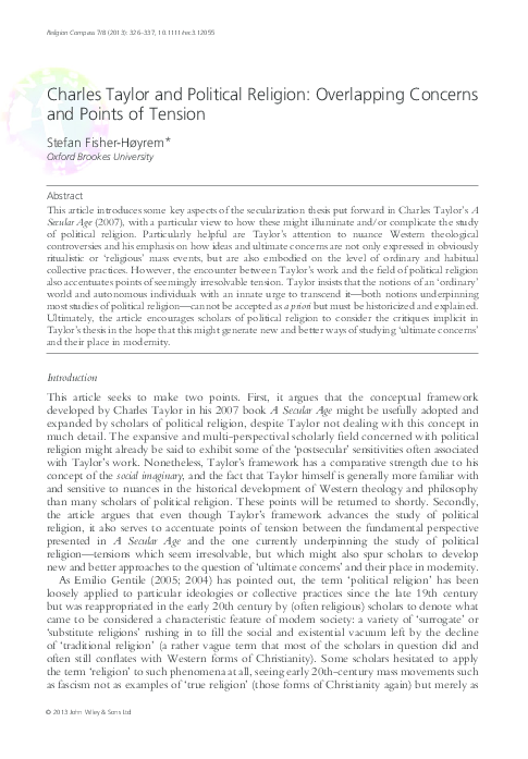 (PDF) Charles Taylor and Political Religion: Overlapping Concerns and Points of Tension