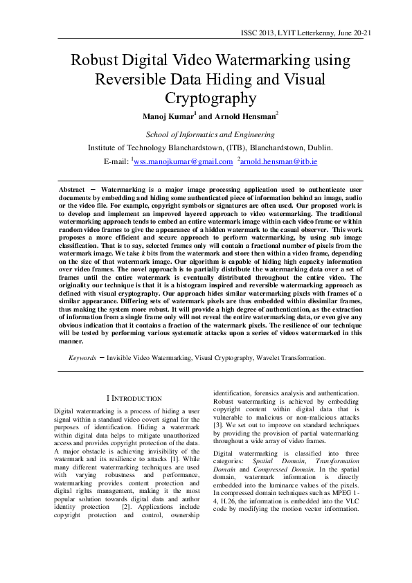 Pdf Robust Digital Video Watermarking Using Reversible Data Hiding And Visual Cryptography