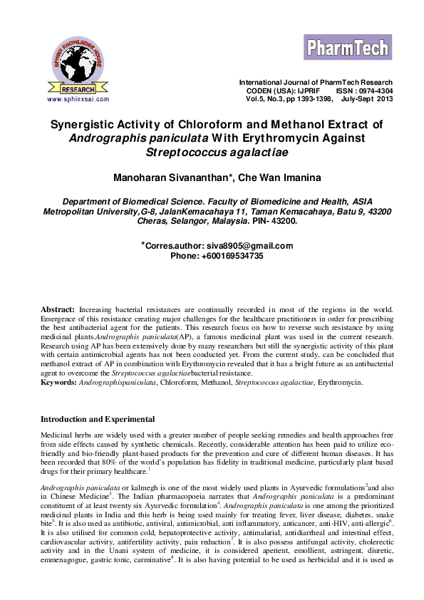 (PDF) Synergistic Activity of Chloroform and Methanol Extract of ...