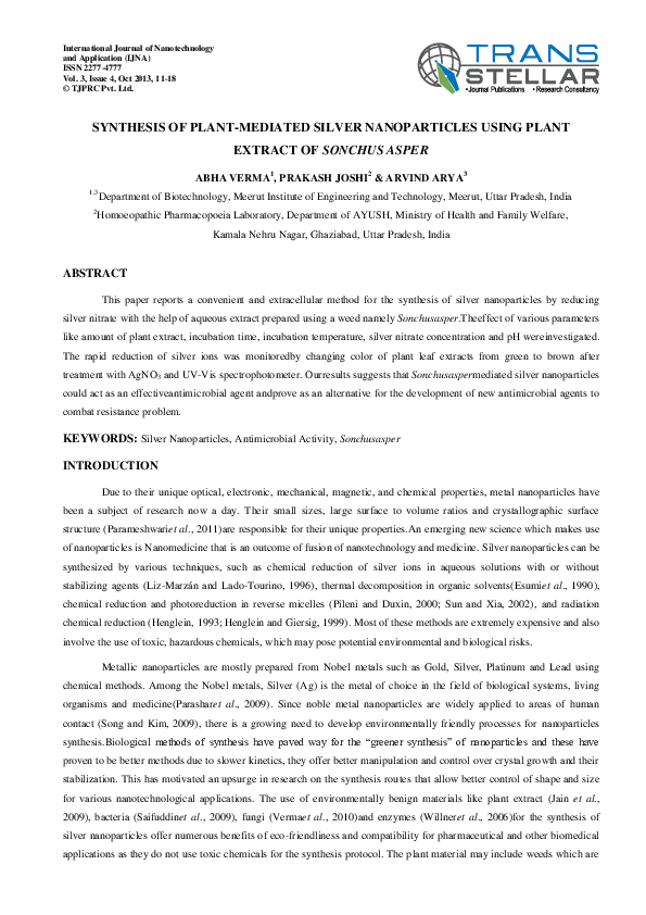 (PDF) Synthesis of Plant-Mediated Silver Nanoparticles Using Plant Extract of Sonchusasper