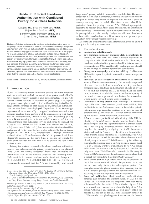 Pdf Handauth Efficient Handover Authentication With Conditional Privacy For Wireless Networks 8757