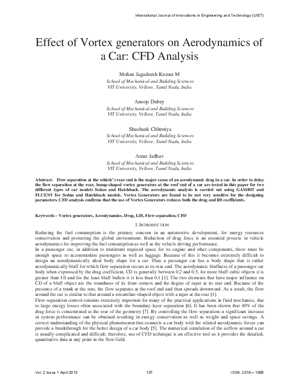 (PDF) Effect of Vortex generators on Aerodynamics of a Car: CFD Analysis