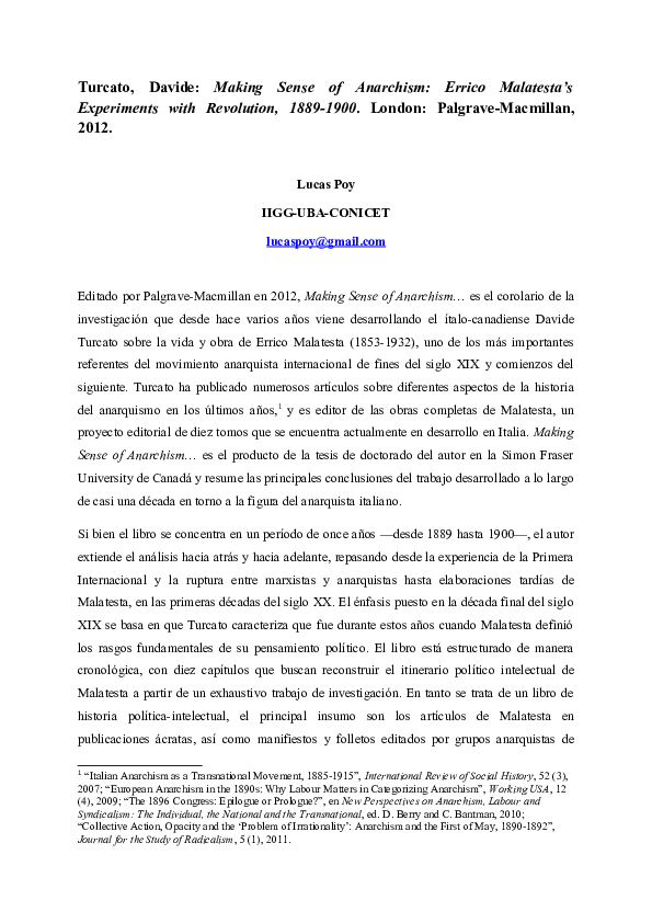 (DOC) Reseña de: Davide Turcato, Making Sense of Anarchism: Errico ...