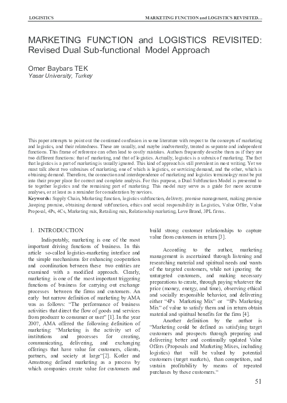 (PDF) MARKETING FUNCTION and LOGISTICS REVISITED: Revised Dual Sub ...