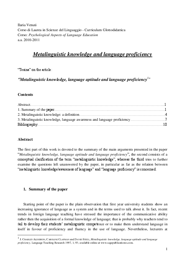 (PDF) Metalinguistic Knowledge and Language Proficiency