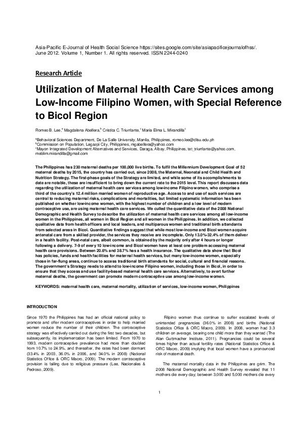 (PDF) Utilization of maternal health care services among low income ...