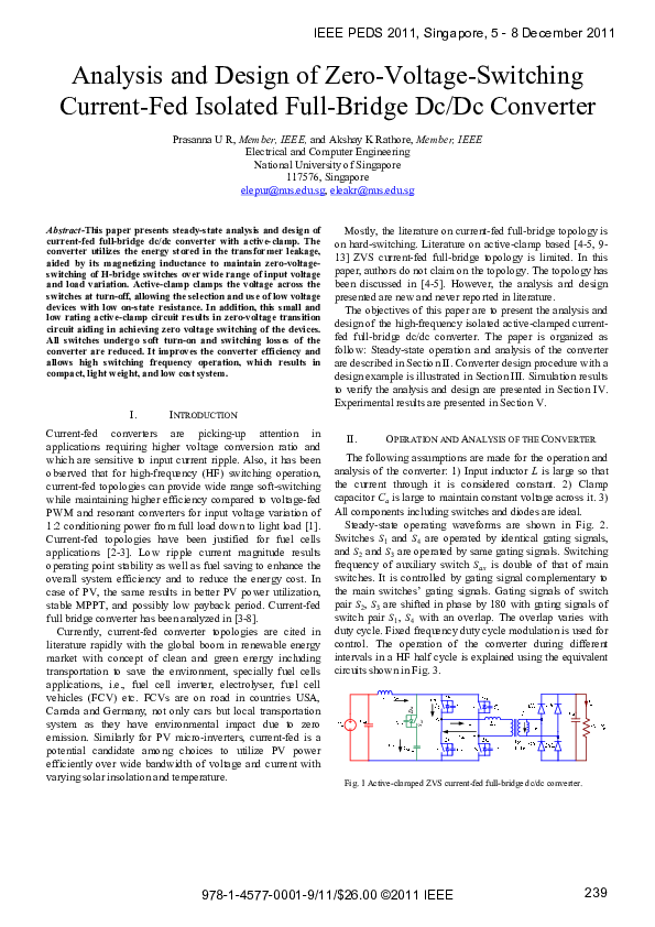 (PDF) Analysis and Design of Zero-Voltage-Switching Current-Fed Isolated Full-Bridge Dc/Dc Converter