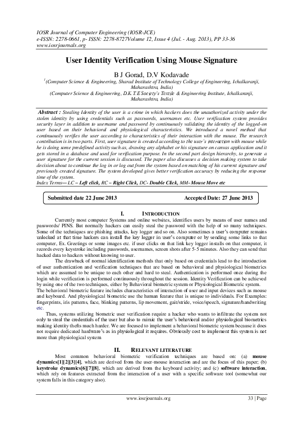 User Identity Verification Using Mouse Signature