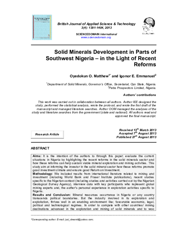 (PDF) Solid Minerals Development in Parts of Southwest Nigeria – in the ...