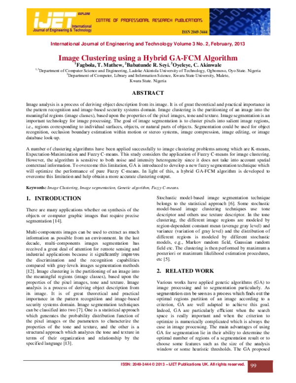 Pdf Image Clustering Using A Hybrid Ga Fcm Algorithm Fagbola