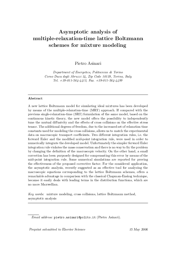 Pdf Asymptotic Analysis Of Multiple Relaxation Time Lattice Boltzmann Schemes For Mixture Modeling
