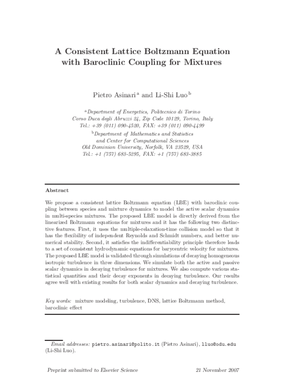 (PDF) A Consistent Lattice Boltzmann Equation with Baroclinic Coupling for Mixtures